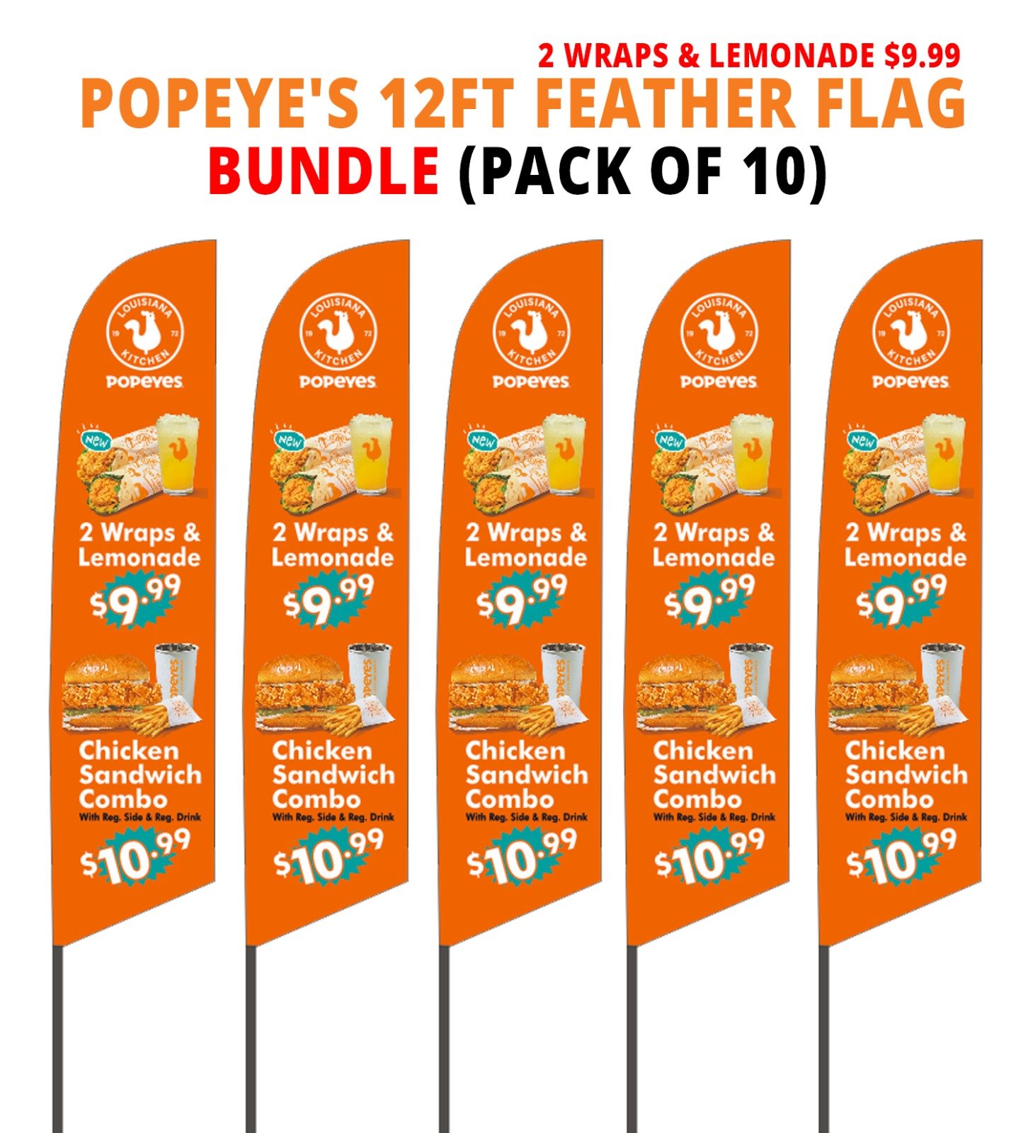 12ft Popeye’s 2 Wraps & Lemonade $9.99 Outdoor Advertising Feather Flags Philadelphia – Pack of ...